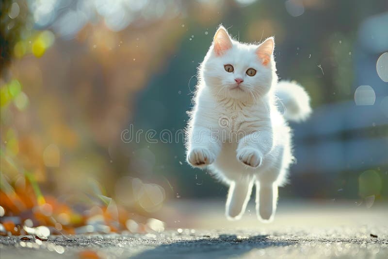 A White Cat Jumping in the Air on a Sidewalk Stock Photo - Image of ...