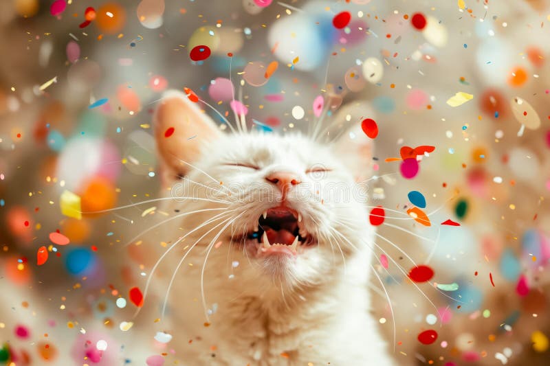 White Cat is Laughing in Front of Colorful Confetti. Generative AI ...