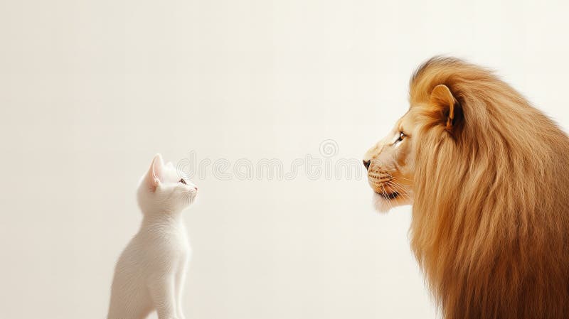 White Cat and Lion Face Off in a Surreal Standoff Stock Illustration ...