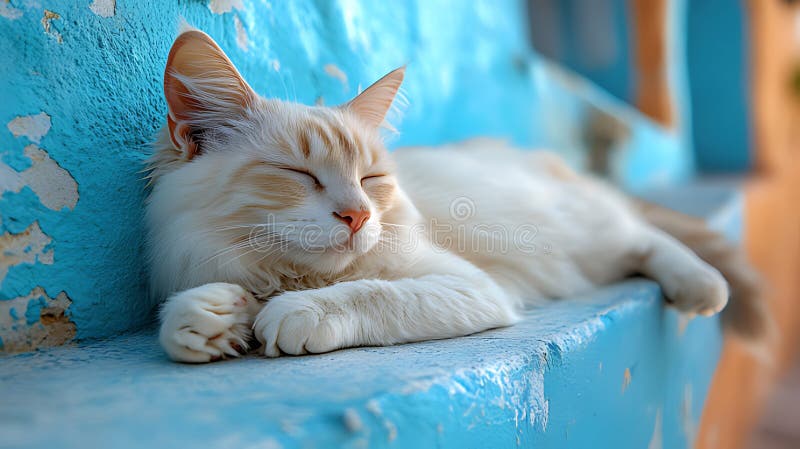 White Cat Naps on Blue Wall, Sunny Street Stock Illustration ...