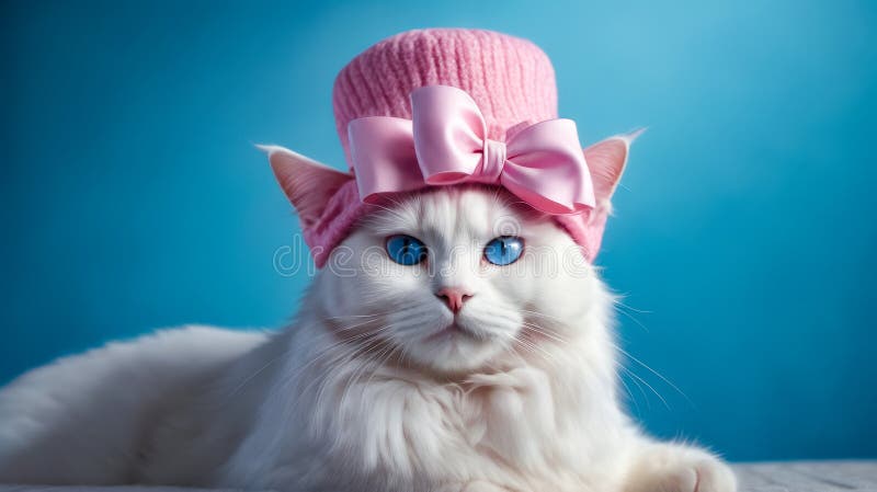 White Cat with Pink Bow on Its Head. Generative AI Stock Photo - Image ...