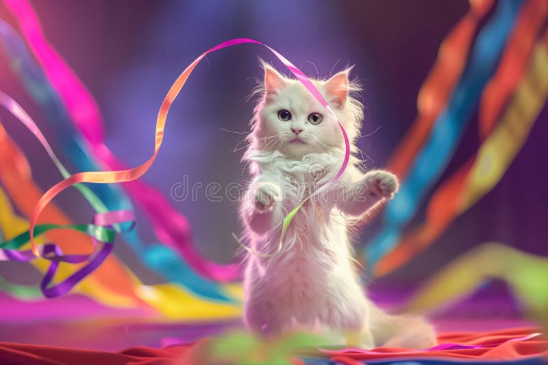 White Cat Playing with Colorful Ribbons in a Vibrant Setting Stock ...