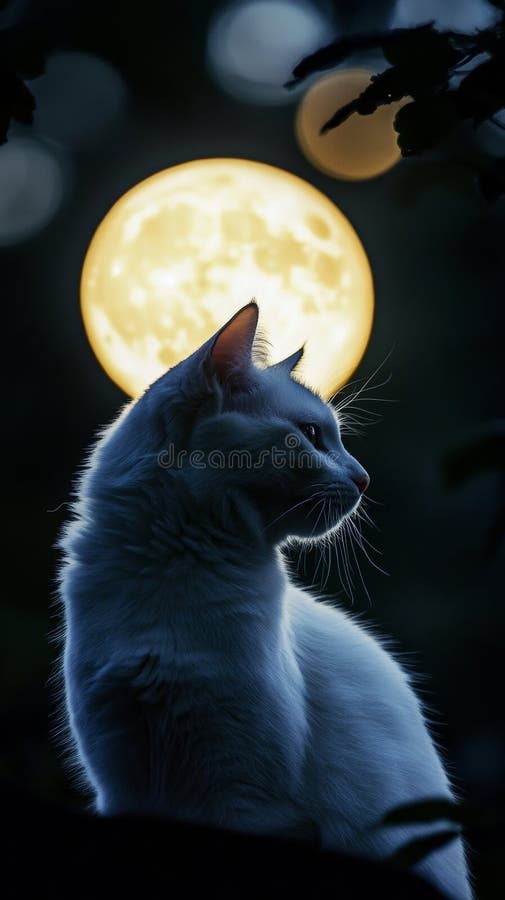 White Cat Silhouette with Full Moon at Night Stock Photo - Image of ...