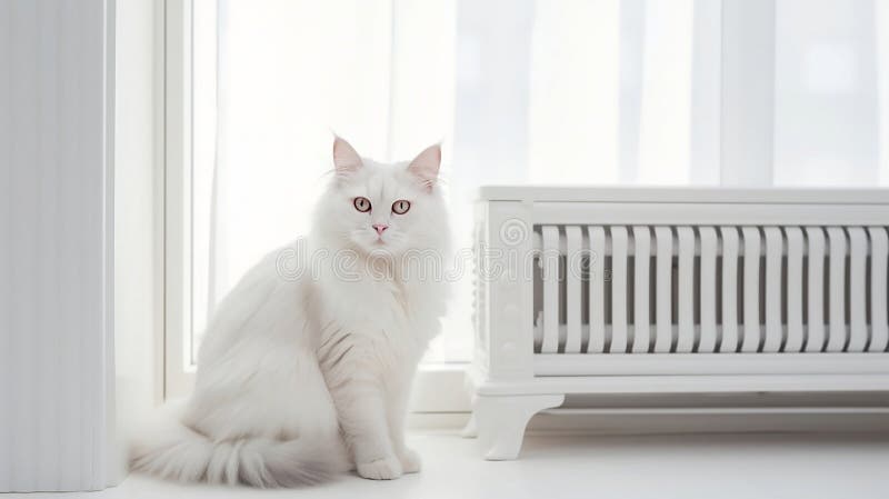 A White Cat Sits Warming Itself Near the Radiator. Stock Illustration ...