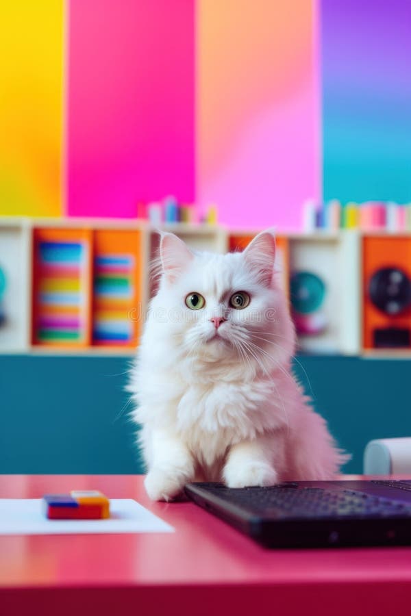 A White Cat Sitting on Top of a Desk Next To a Keyboard. Generative AI ...