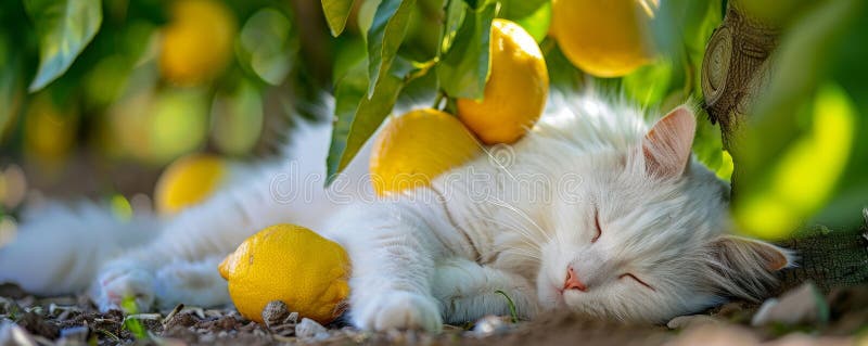 White Cat Sleeping Under Lemon Tree Stock Photo - Image of tree, leaves ...