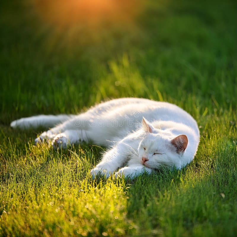 A White Cat Sprawled Out on a Sunny Patch of Grass, Napping Stock ...