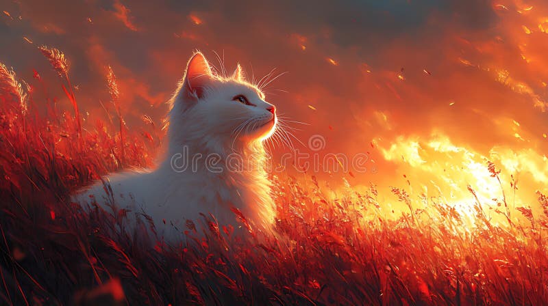 White Cat Sunset Field Fantasy Art Illustration Stock Illustration ...