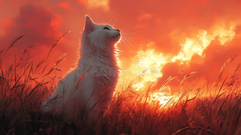 White Cat Sunset Field Fantasy Art Print Stock Illustration ...