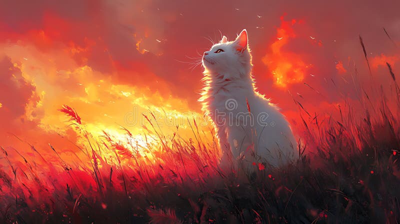 White Cat Sunset Field Fantasy Art Wallpaper Stock Illustration ...