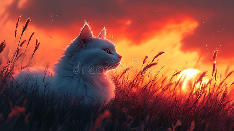 White Cat Sunset Field Grass Digital Art Wallpaper Stock Illustration ...