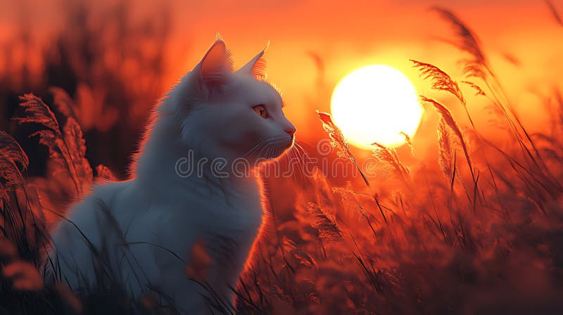 White Cat Sunset Field Grass Silhouette Nature Stock Illustration ...