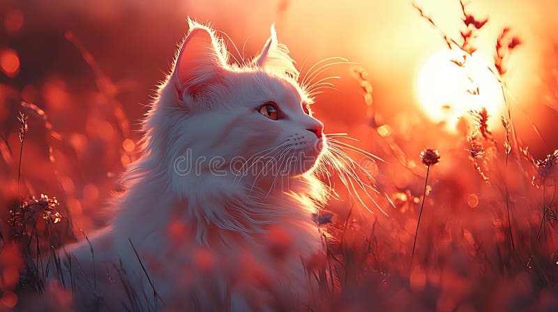 White Cat Sunset Field Nature Bokeh Peaceful Wallpaper Stock ...