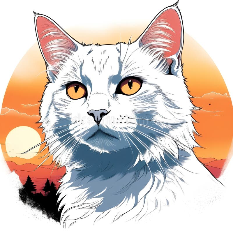 White Cat at Sunset, Illustration Stock Illustration - Illustration of ...