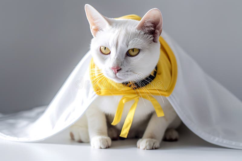 White Cat in a Superhero Costume with Yellow Cloak. Stock Illustration ...