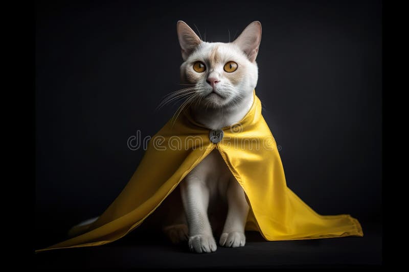 White Cat in a Superhero Costume with Yellow Cloak. Stock Illustration ...