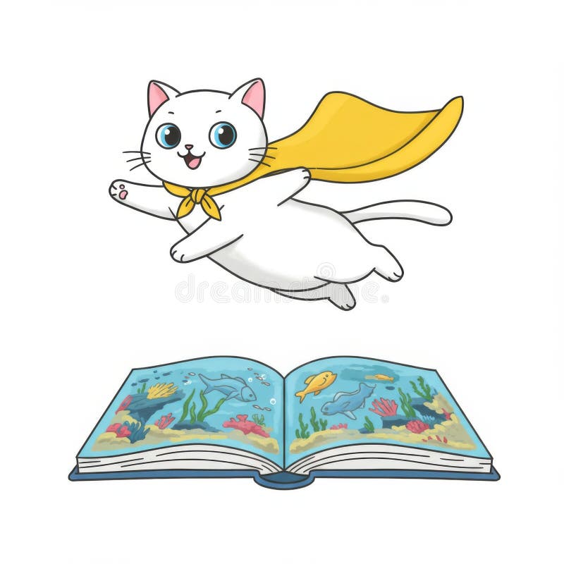 White Cat Superhero Flying Above Open Book with Ocean Scene Stock ...