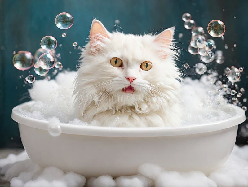 White Cat Takes a Bubble Bath. Generative AI Stock Illustration - Illustration of feline ...