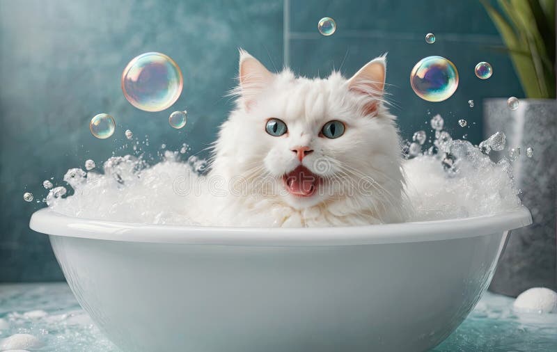 White Cat Taking a Bath. Generative AI Stock Illustration - Illustration of indoors, bath: 324016631