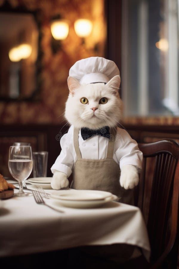 A White Cat Wearing a Chef S Hat Sitting at a Table Stock Photo - Image ...