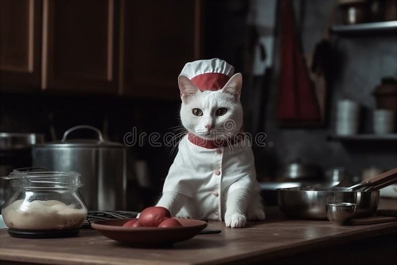 White Cat Wearing Chefs Clothes and Chefs Hat in the Kitchen. AI ...
