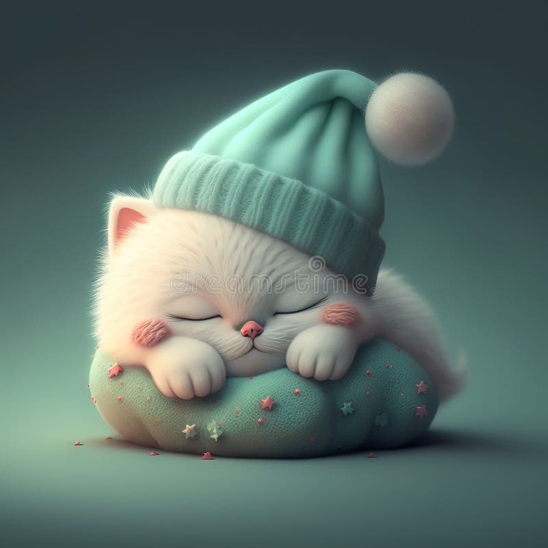 A White Cat Wearing a Green Hat Sleeping on a Pillow with Stars on it S ...