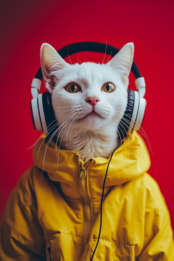 A White Cat Wearing a Yellow Jacket and Headphones Stock Photo - Image ...