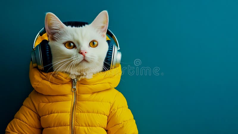A White Cat Wearing a Yellow Jacket and Headphones Stock Illustration ...