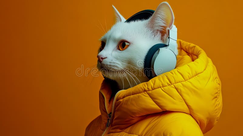 A White Cat Wearing a Yellow Jacket and Headphones Stock Illustration ...