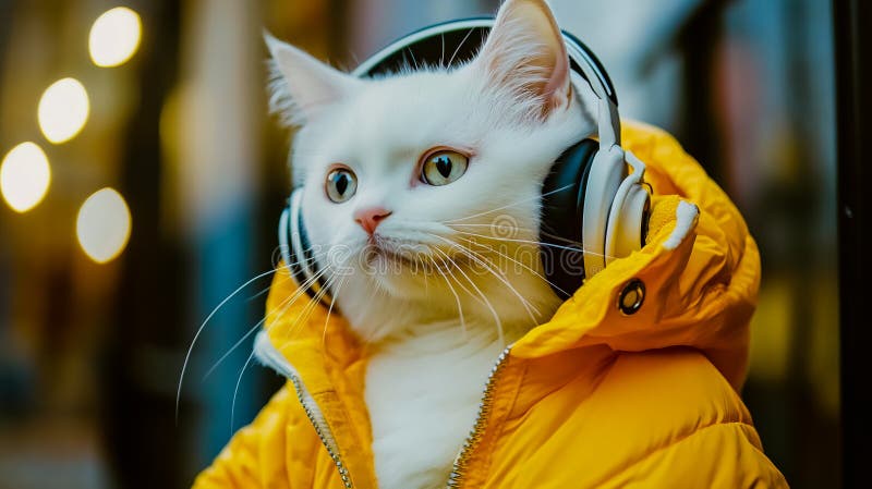 A White Cat Wearing a Yellow Jacket and Headphones Stock Illustration ...