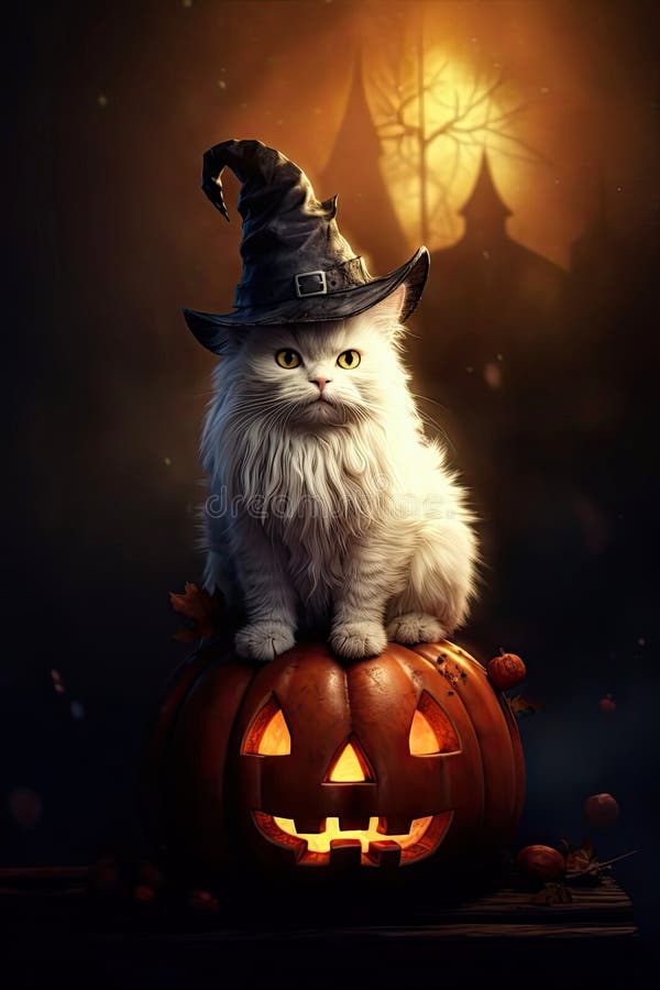 White Cat with Witch Hat Sitting on a Jack O Lantern Stock Illustration ...