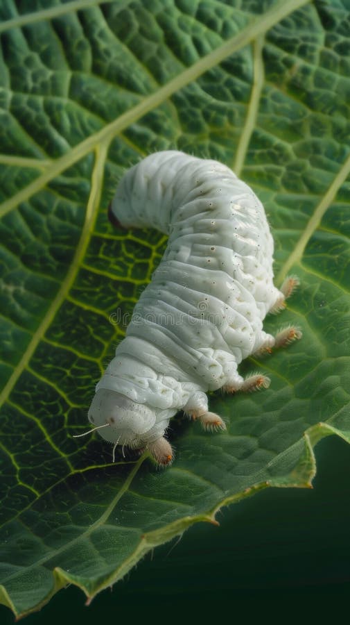 White Caterpillar Crawling on Green Leaf, Close-up View. Nature and ...