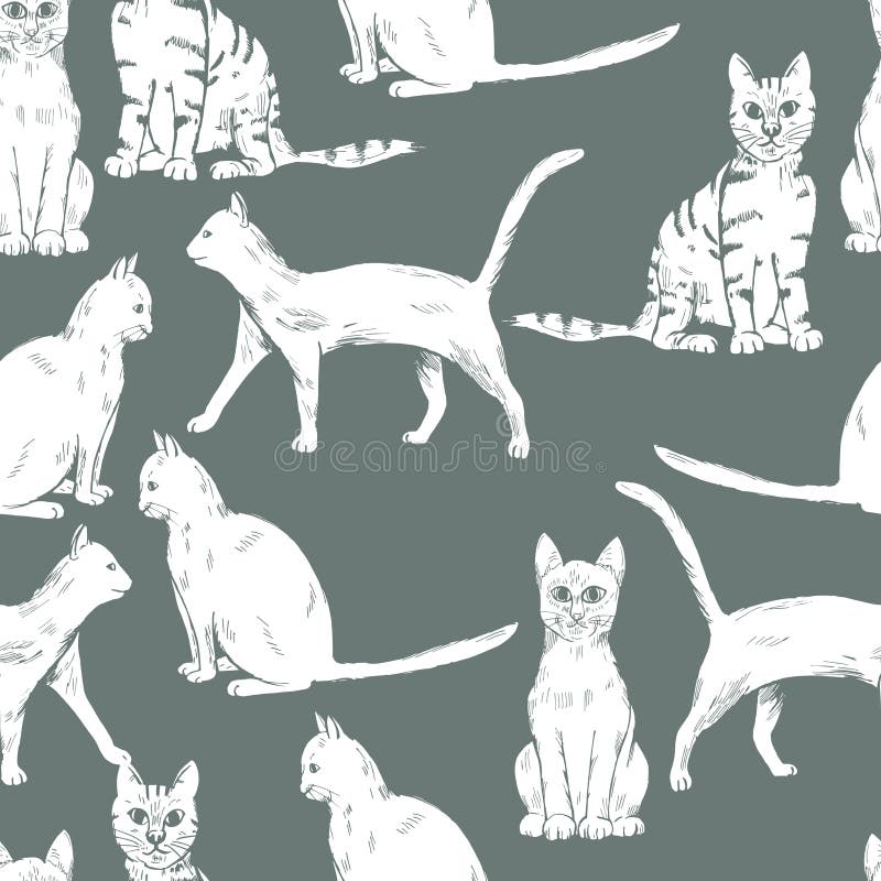 White Cats on Grey Background. Vector Pattern Stock Vector ...