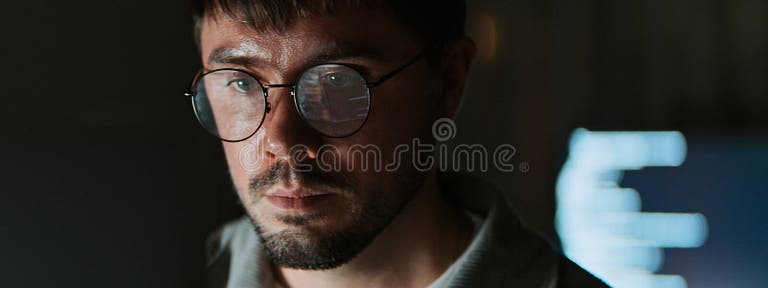 White Caucasian Male Software Developer Work Late Night, Program Coding ...