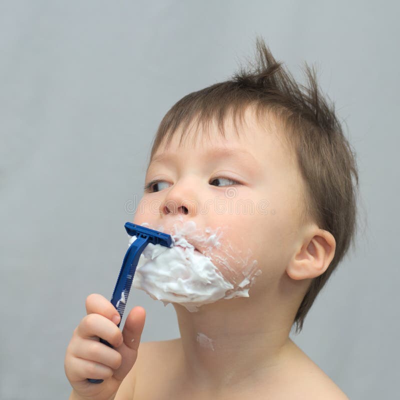 White Caucasian Young Child Shaving His Beard Stock Photo - Image of ...