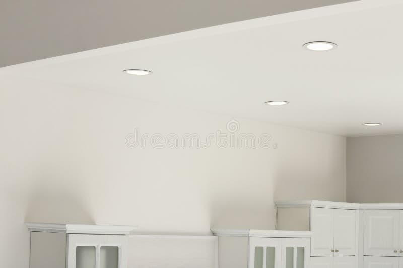 White Ceiling with Lighting in Office Room, Bottom View Stock Photo ...