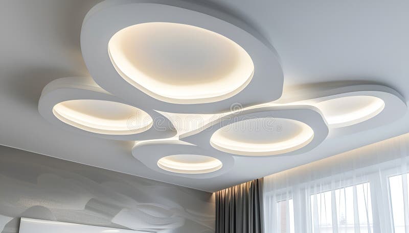 White Ceiling with Modern Lighting in Room, Low Angle View Stock Image ...