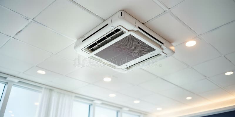 White Ceiling Mounted Cassette Type Air Conditioner. Modern Lamp Light ...
