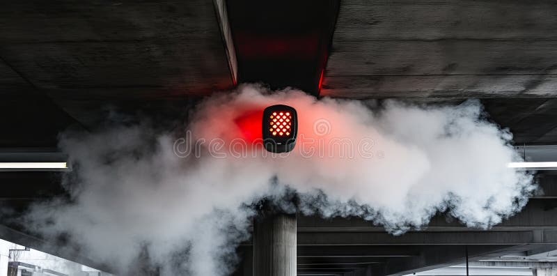 On a White Ceiling, Smoke from a Smoke Detector Combined with a Red ...