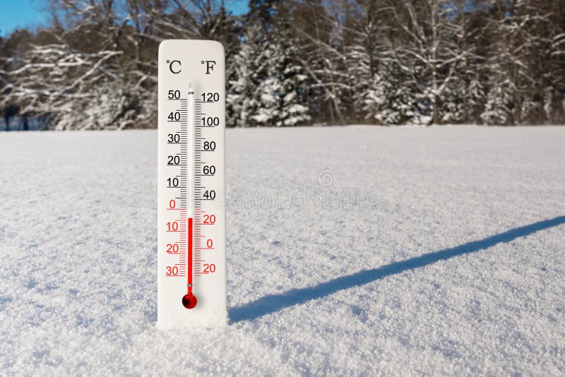 White Celsius and Fahrenheit Scale Thermometer in Snow. Ambient ...