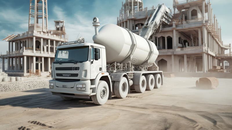 A White Cement Truck Driving on a Construction Site with Workers in the ...