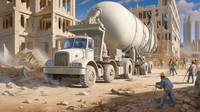 A White Cement Truck Driving on a Construction Site with Workers in the ...