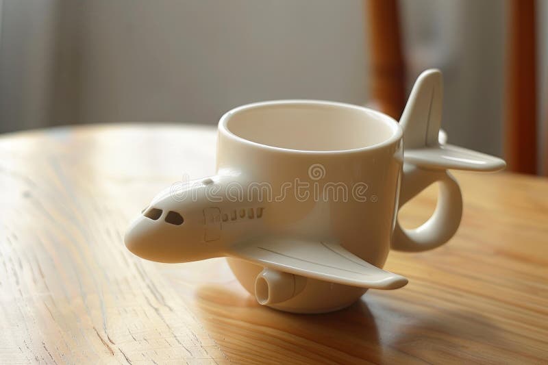 White Ceramic Airplane Shaped Mug Standing on Wooden Table Stock Image ...