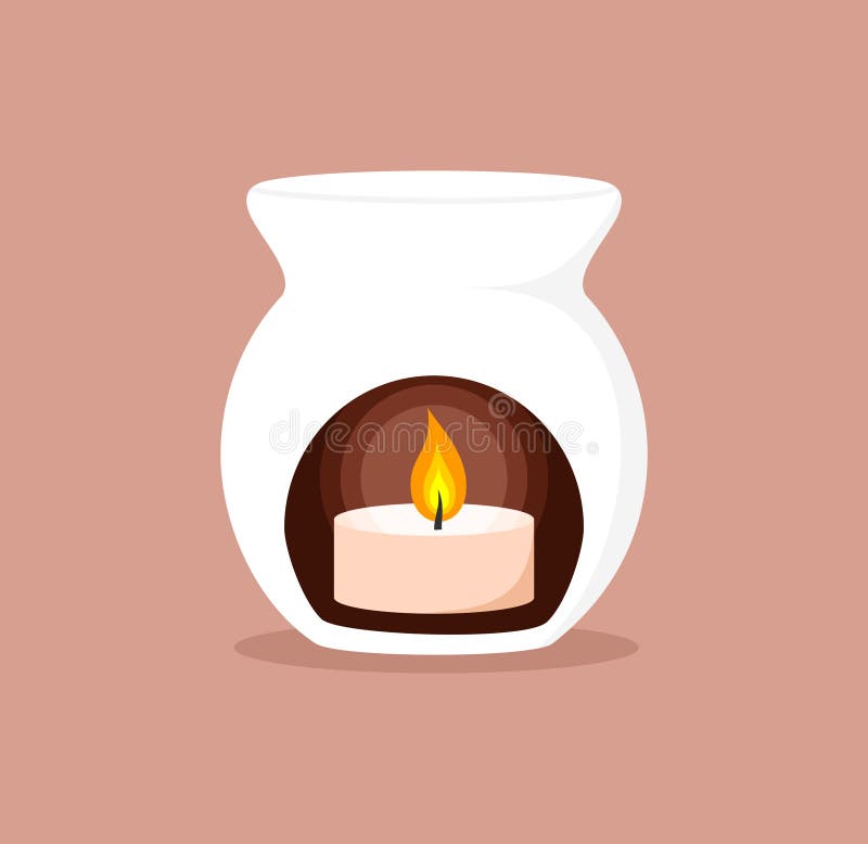 White Ceramic Aroma Lamp with a Burning Candle Inside. Flat Vector ...