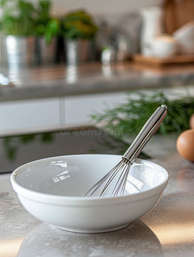 White Ceramic Bowl with Whisk on Kitchen Counter. Stock Image - Image ...