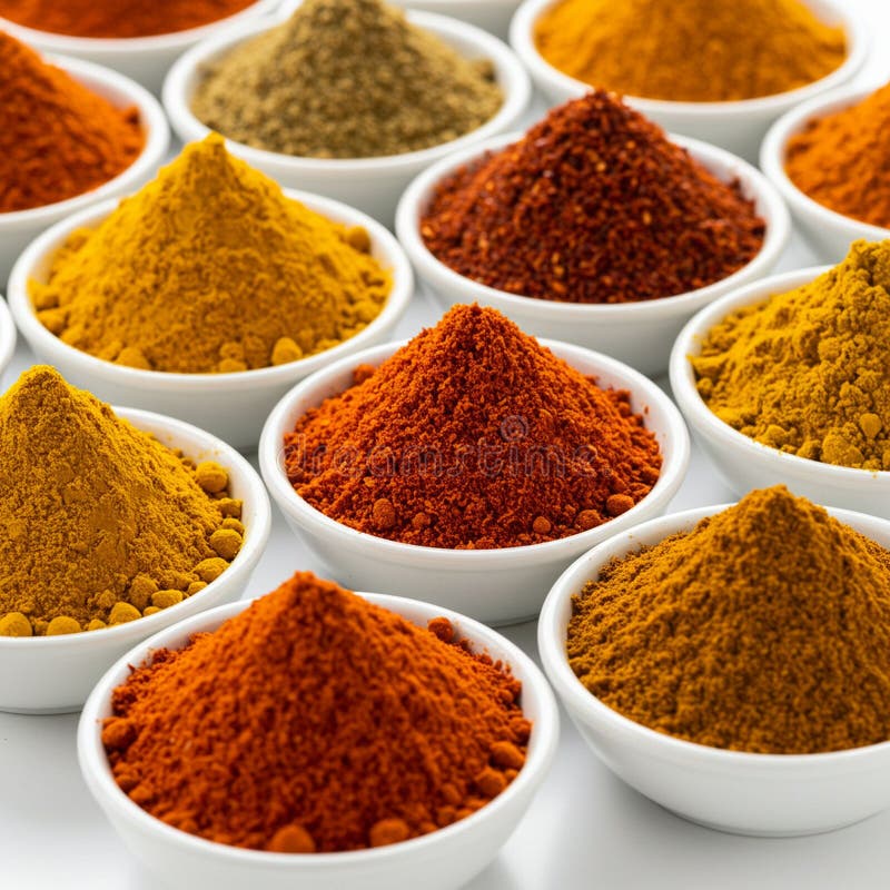 White Ceramic Bowls Filled with Various Colorful Spices Form a Grid-like Pattern. the Stock ...