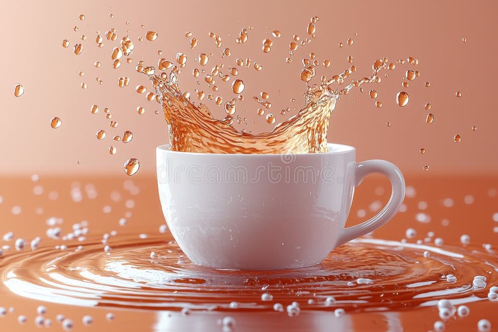 White Ceramic Coffee Cup with Dynamic Splash of Liquid Creating Ripples ...