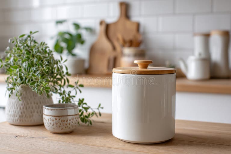 White Ceramic Container with Wooden Lid and Greenery in a Modern ...