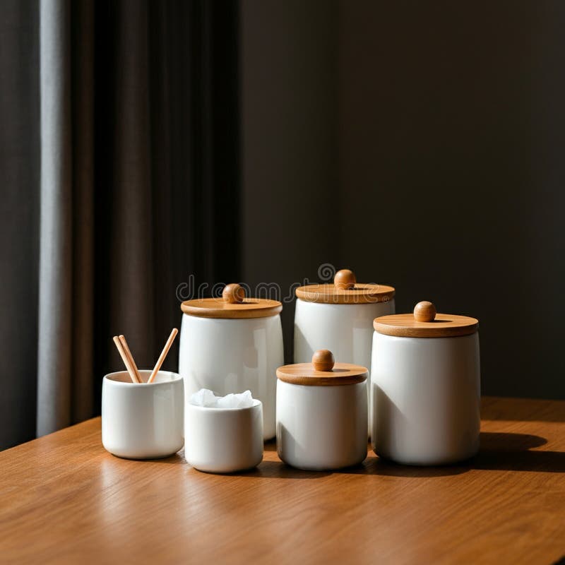 White Ceramic Containers with Wooden Lids Arranged on a Wooden Table ...