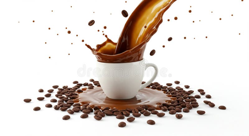 A White Ceramic Cup is Overflowing with Splashing Coffee, Creating a ...